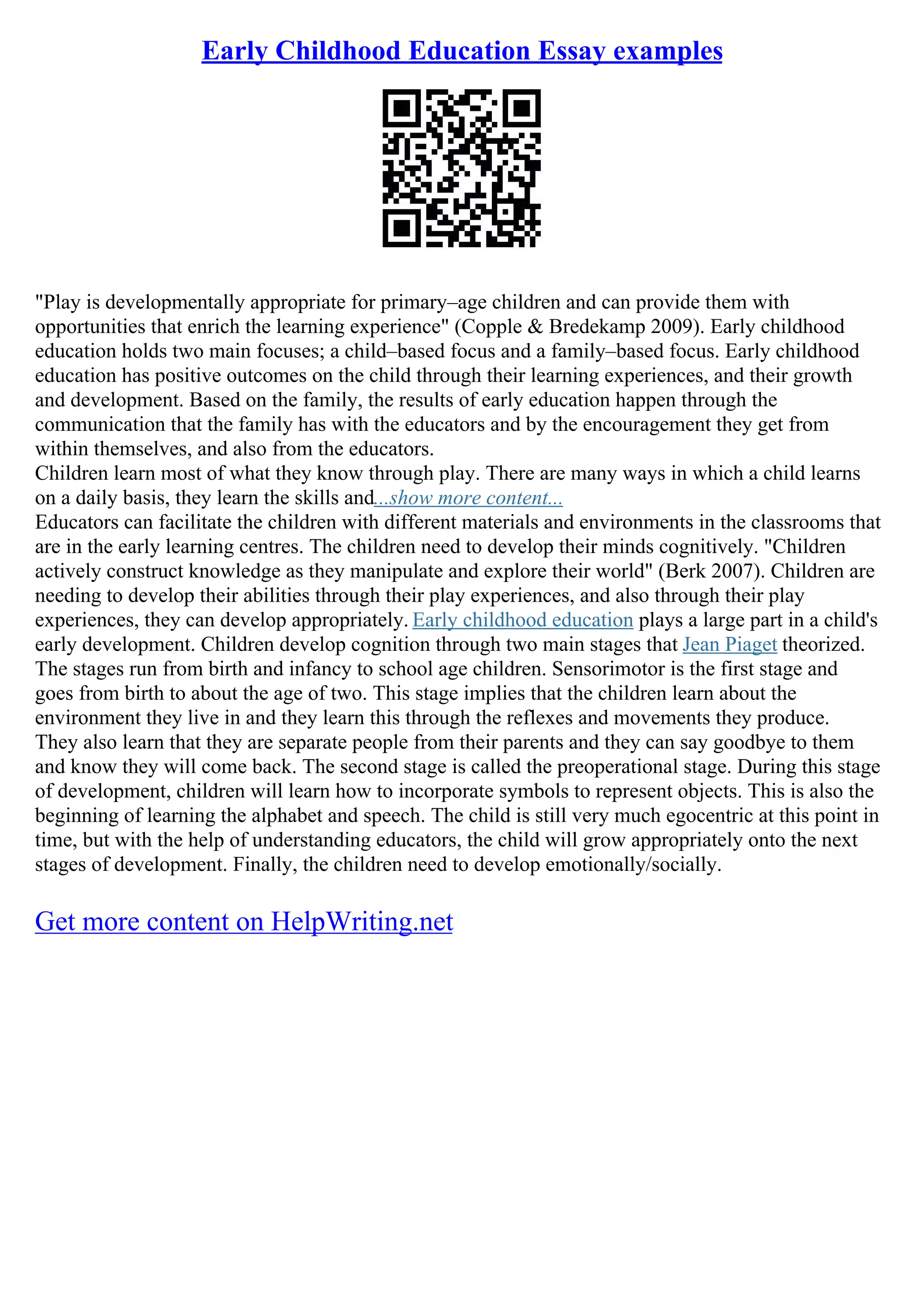 Early Childhood Education Essay Examples | PDF | Free Download