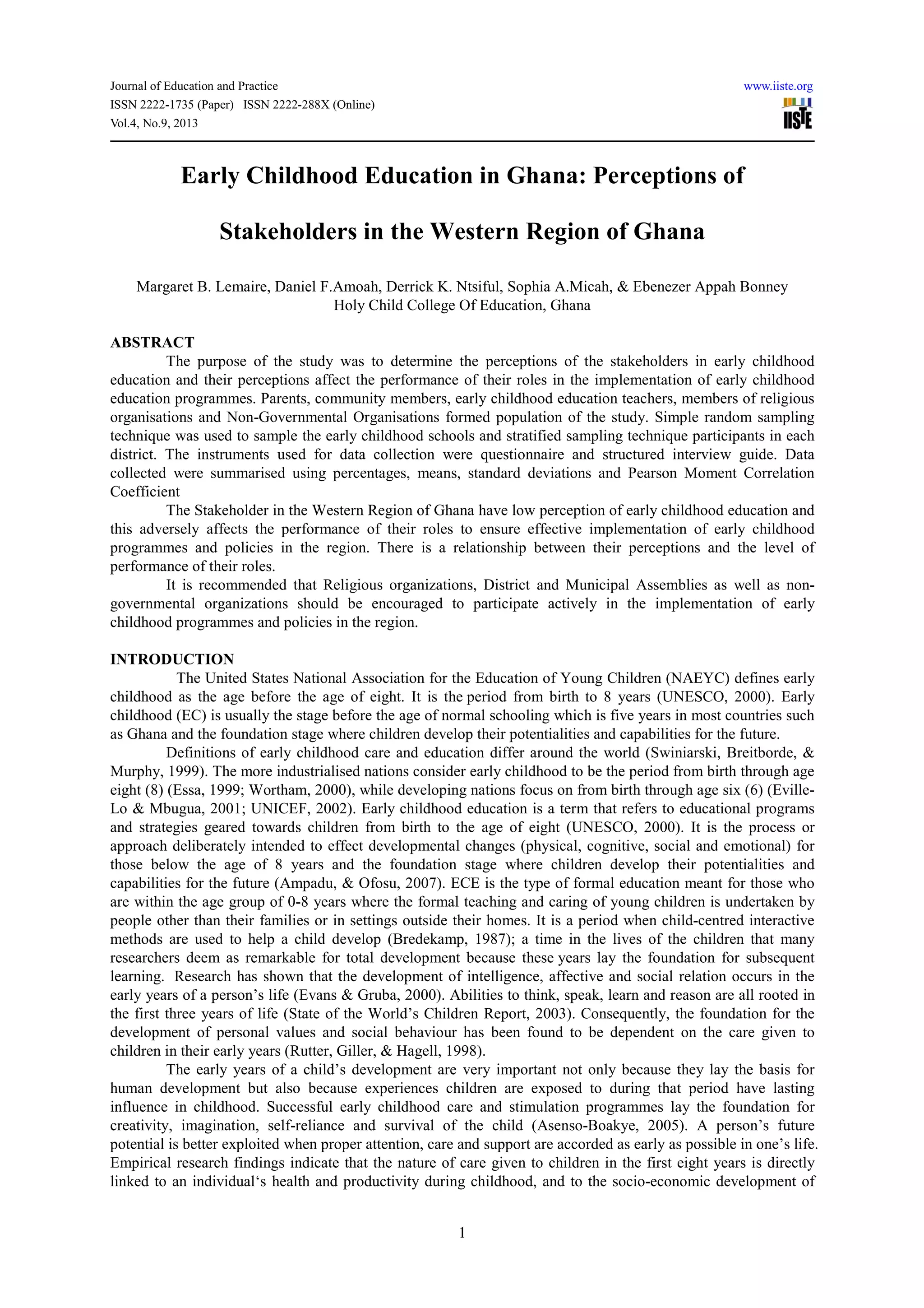 Early childhood education in ghana perceptions of stakeholders in the western region of ghana | PDF