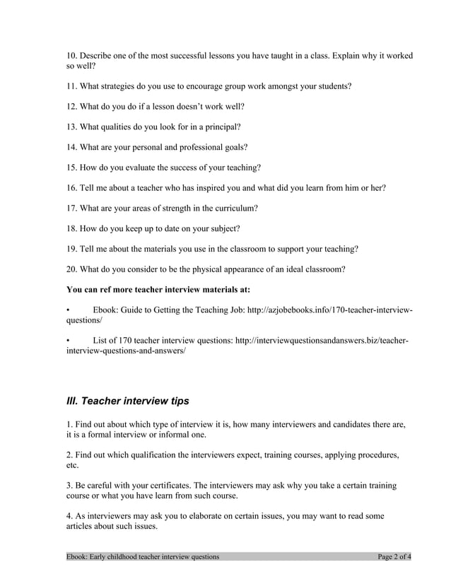 Early childhood teacher interview questions | DOC