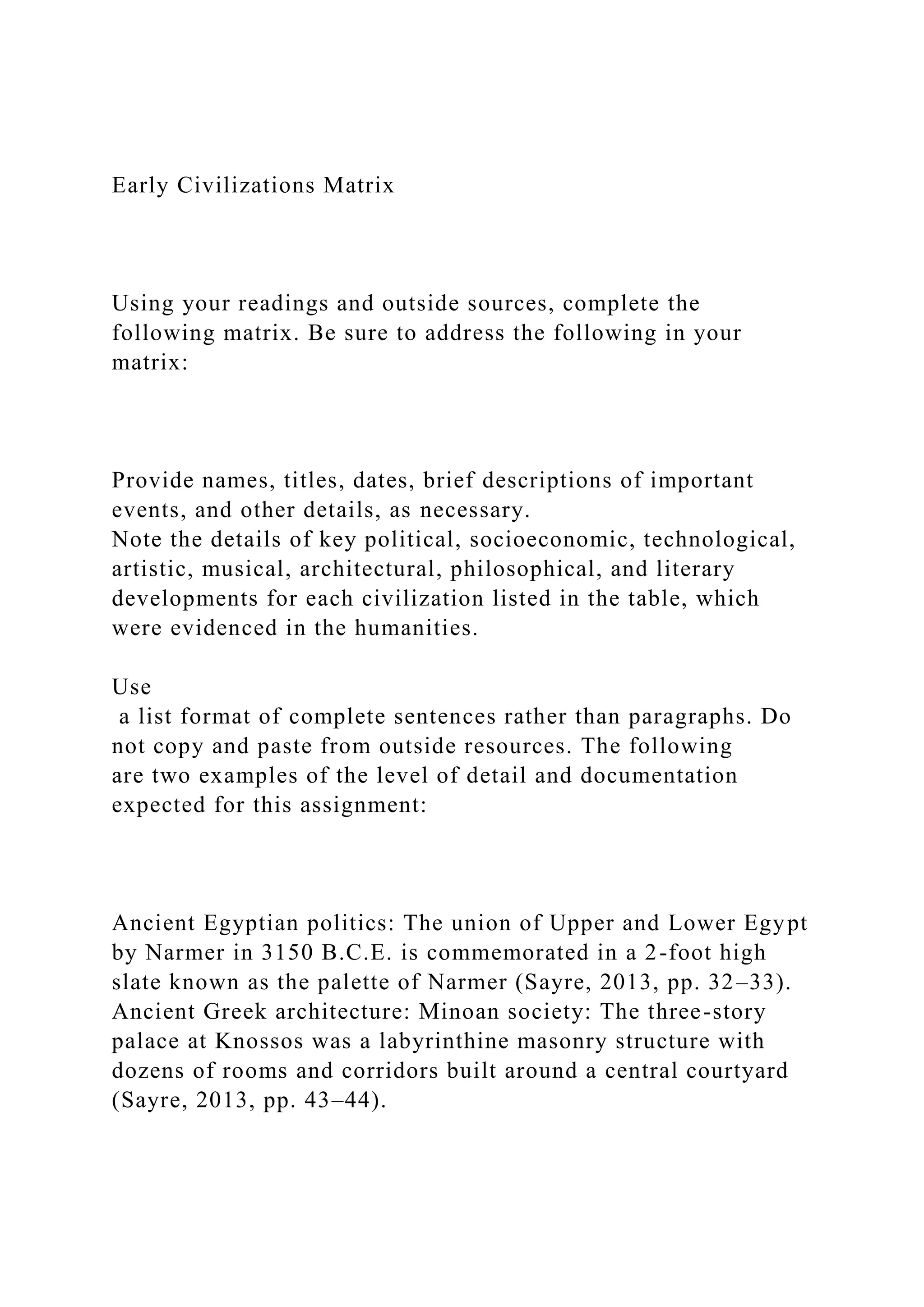 Early Civilizations MatrixUsing your readings and outside .docx