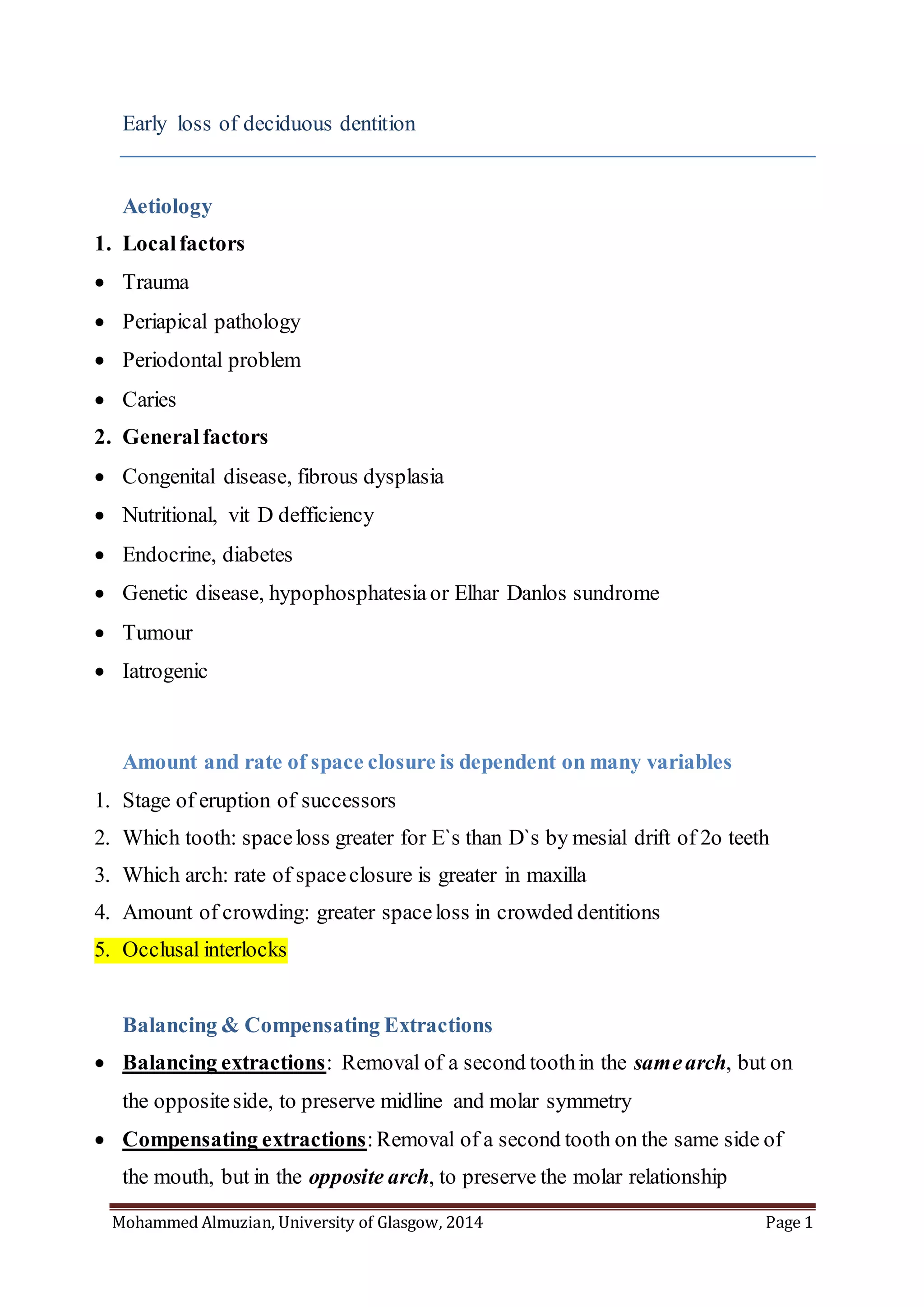 Early loss of deciduous dentition / for orthodontists by Almuzian | DOCX