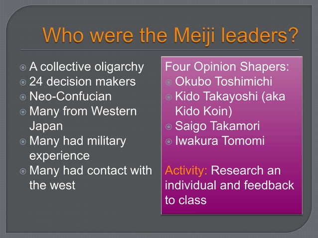 Japan: The Meiji Restoration overview | PPTX | Death, Injury, or ...