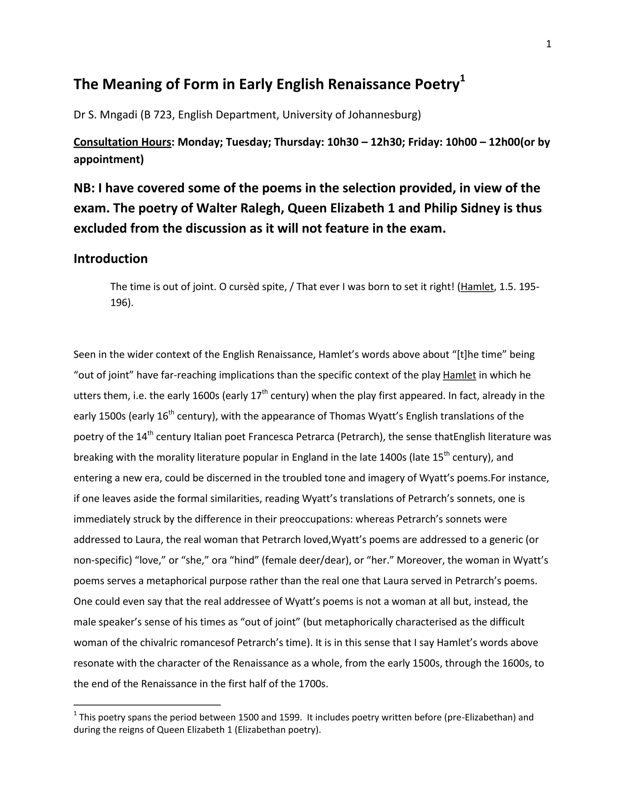 Early renaissance poetry notes | DOCX