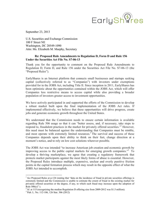EarlyShares SEC Comment Letter | PDF | Financial Regulation | Economy