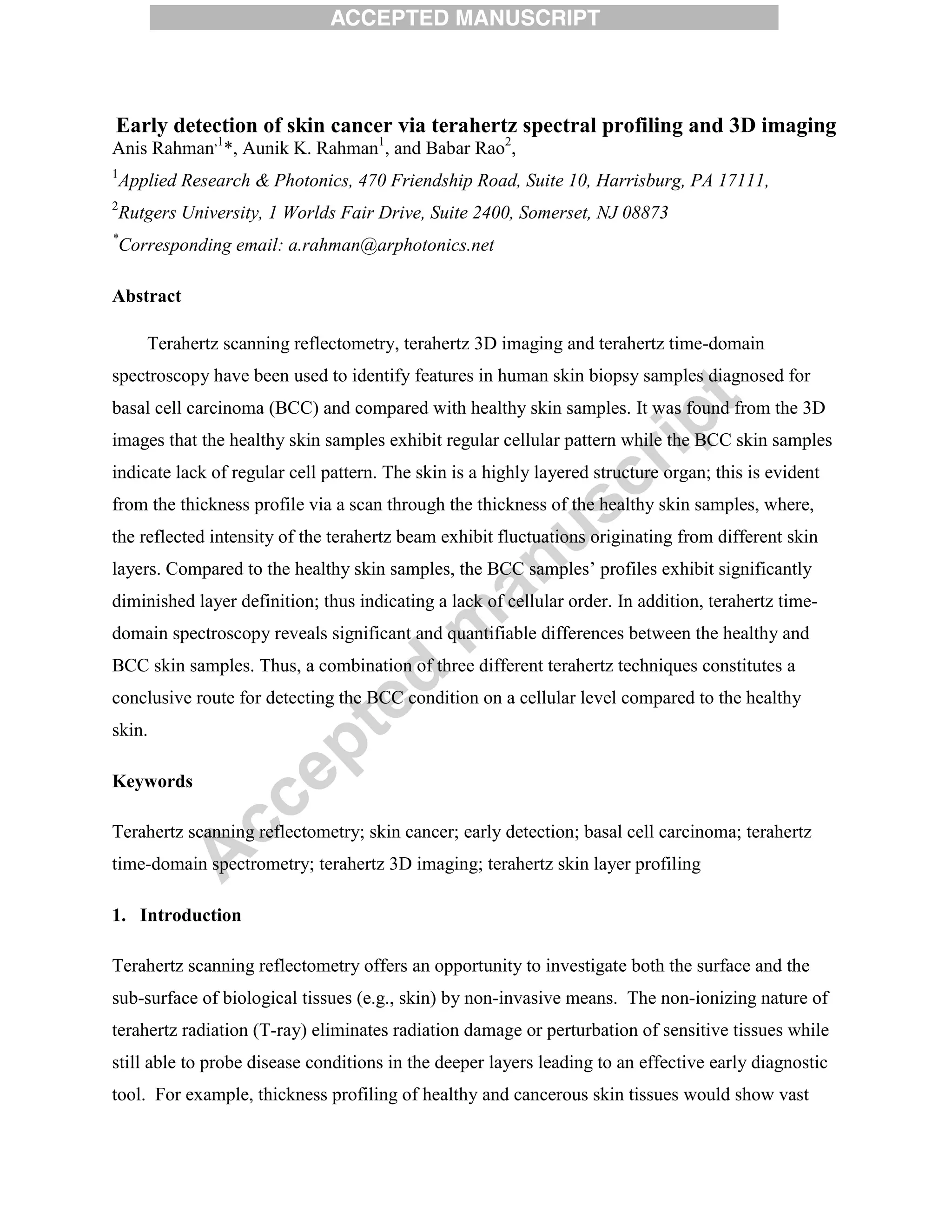 Early stage detection of skin cancer via terahertz spectral profiling ...