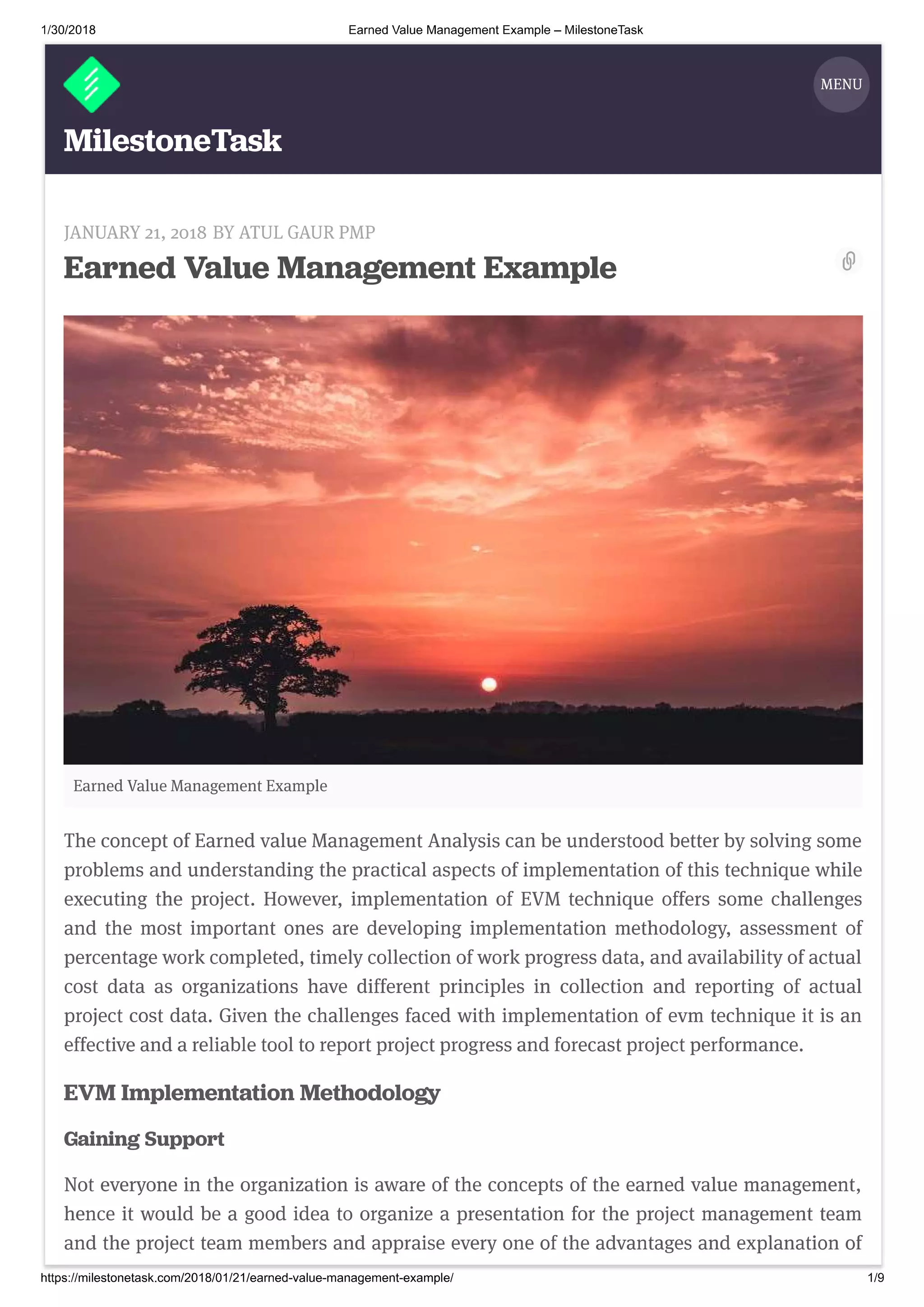 Earned Value Management Example Article by Atul Gaur PMP | PDF