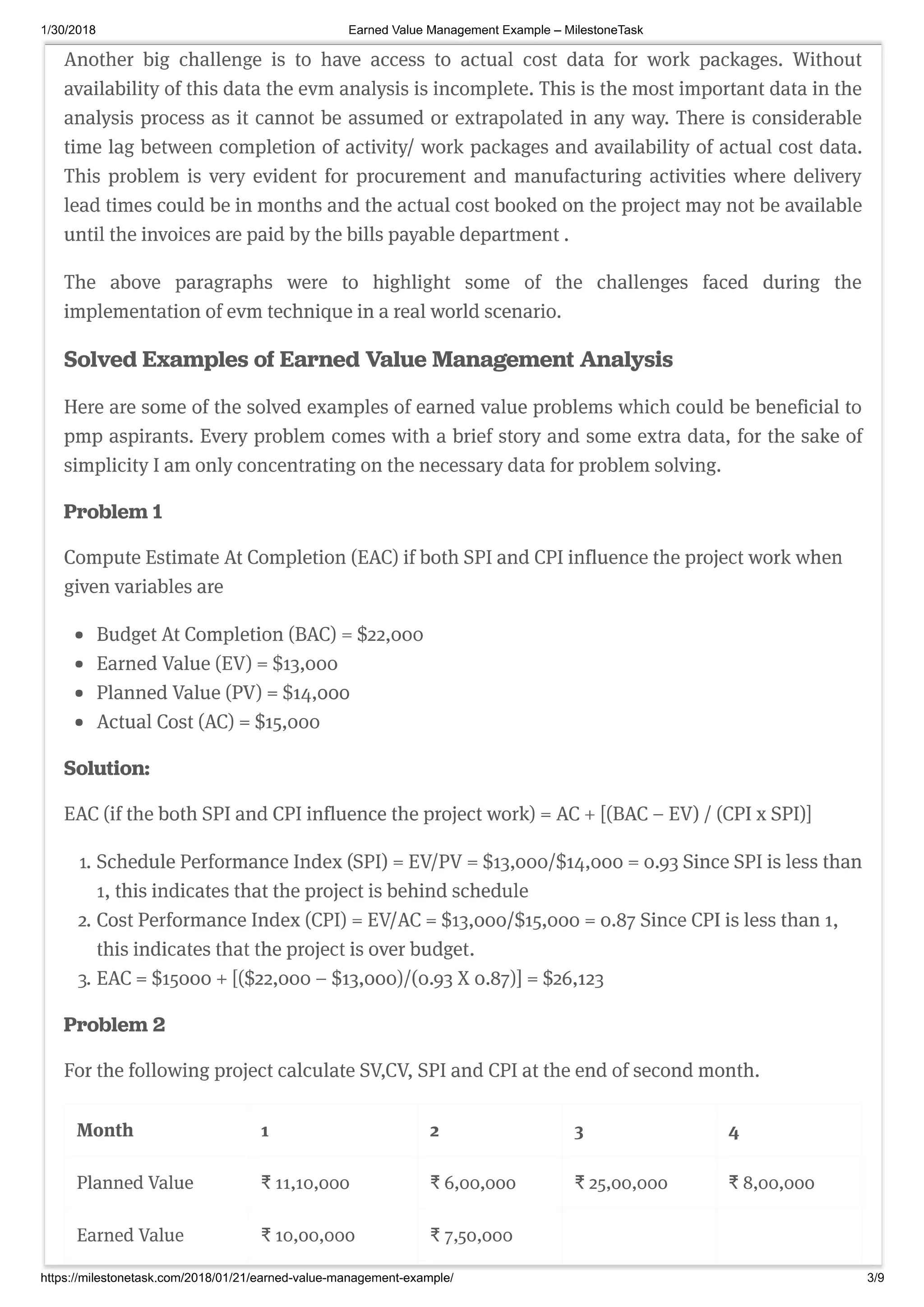 Earned Value Management Example Article by Atul Gaur PMP | PDF