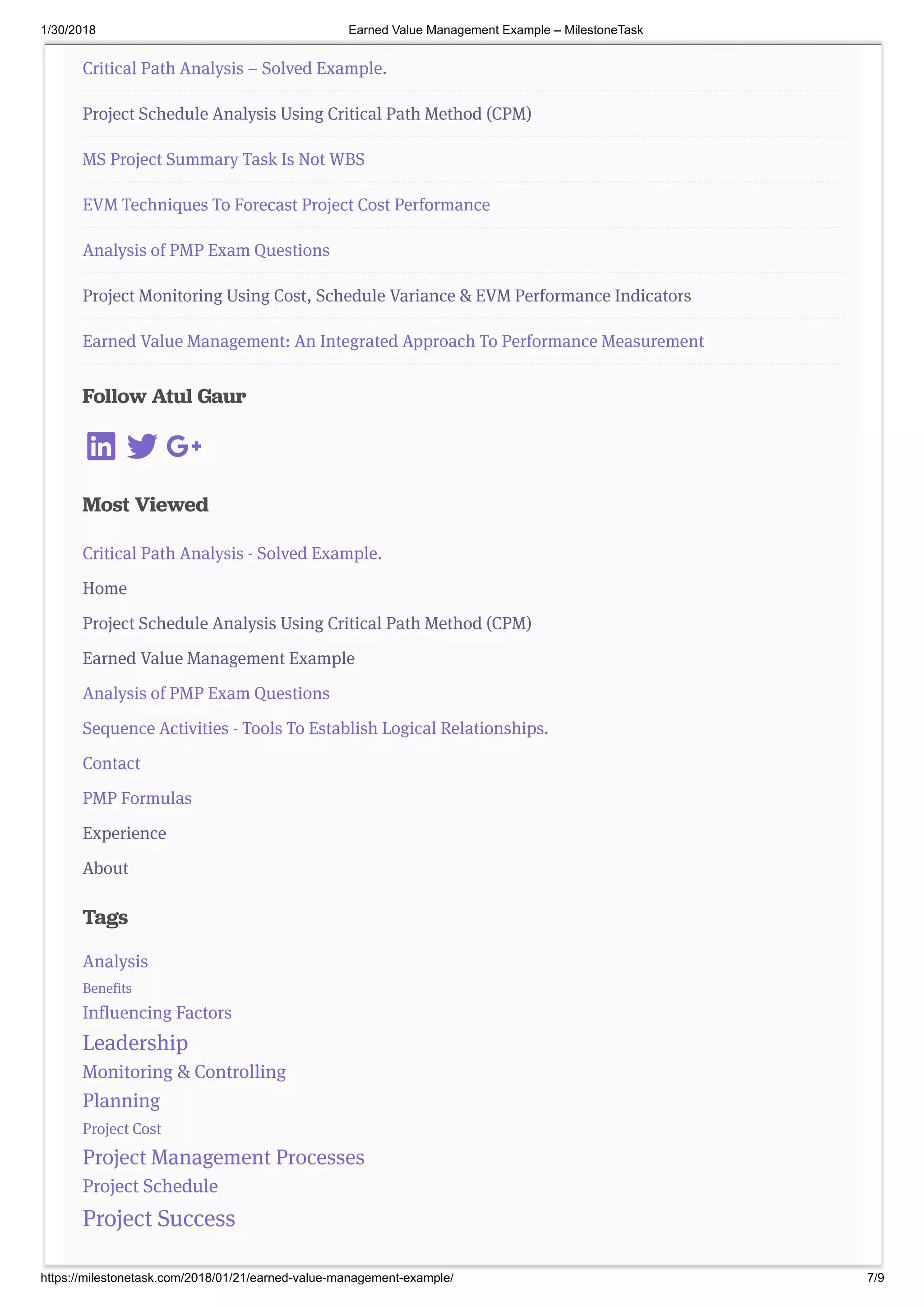 Earned Value Management Example Article by Atul Gaur PMP | PDF
