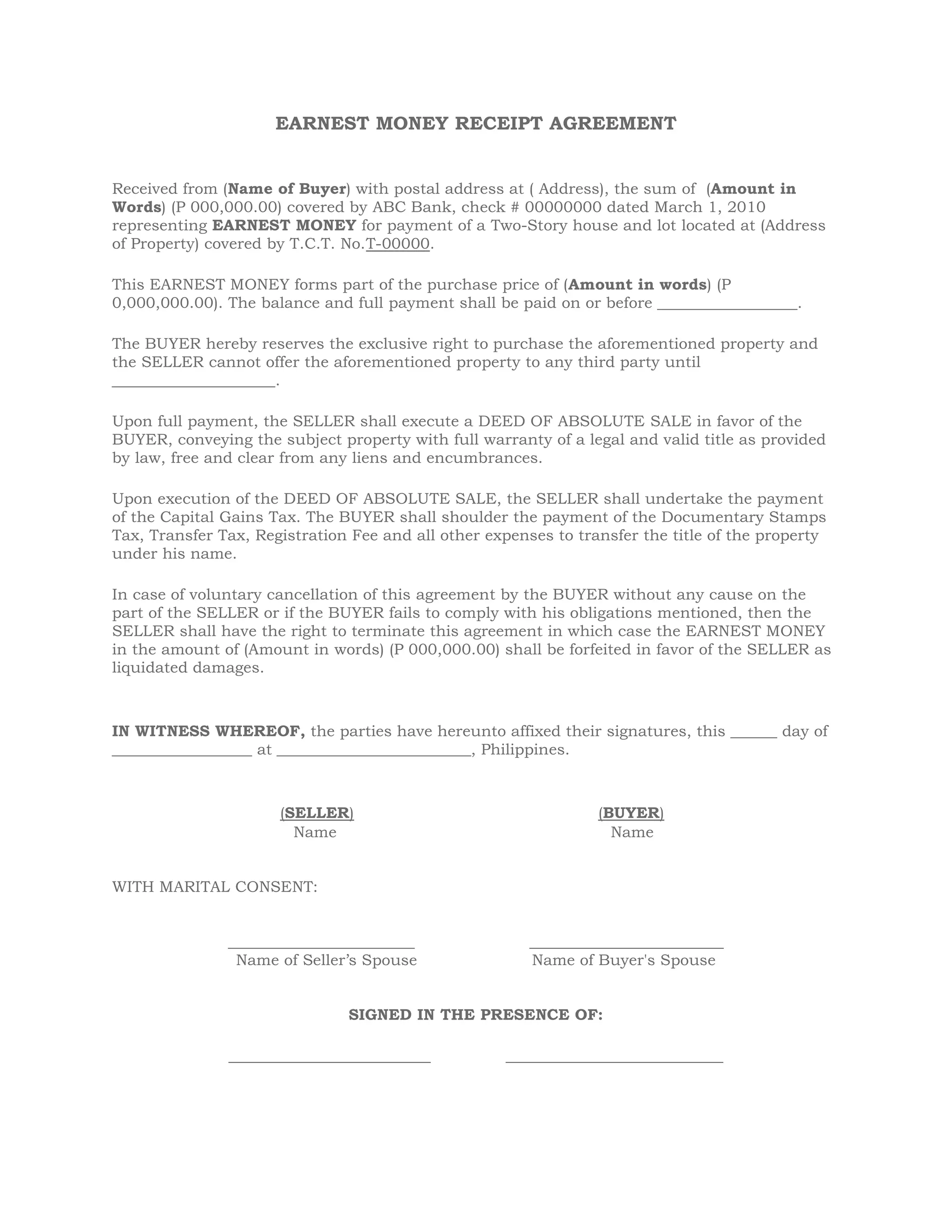 Earnest money receipt agreement | DOCX