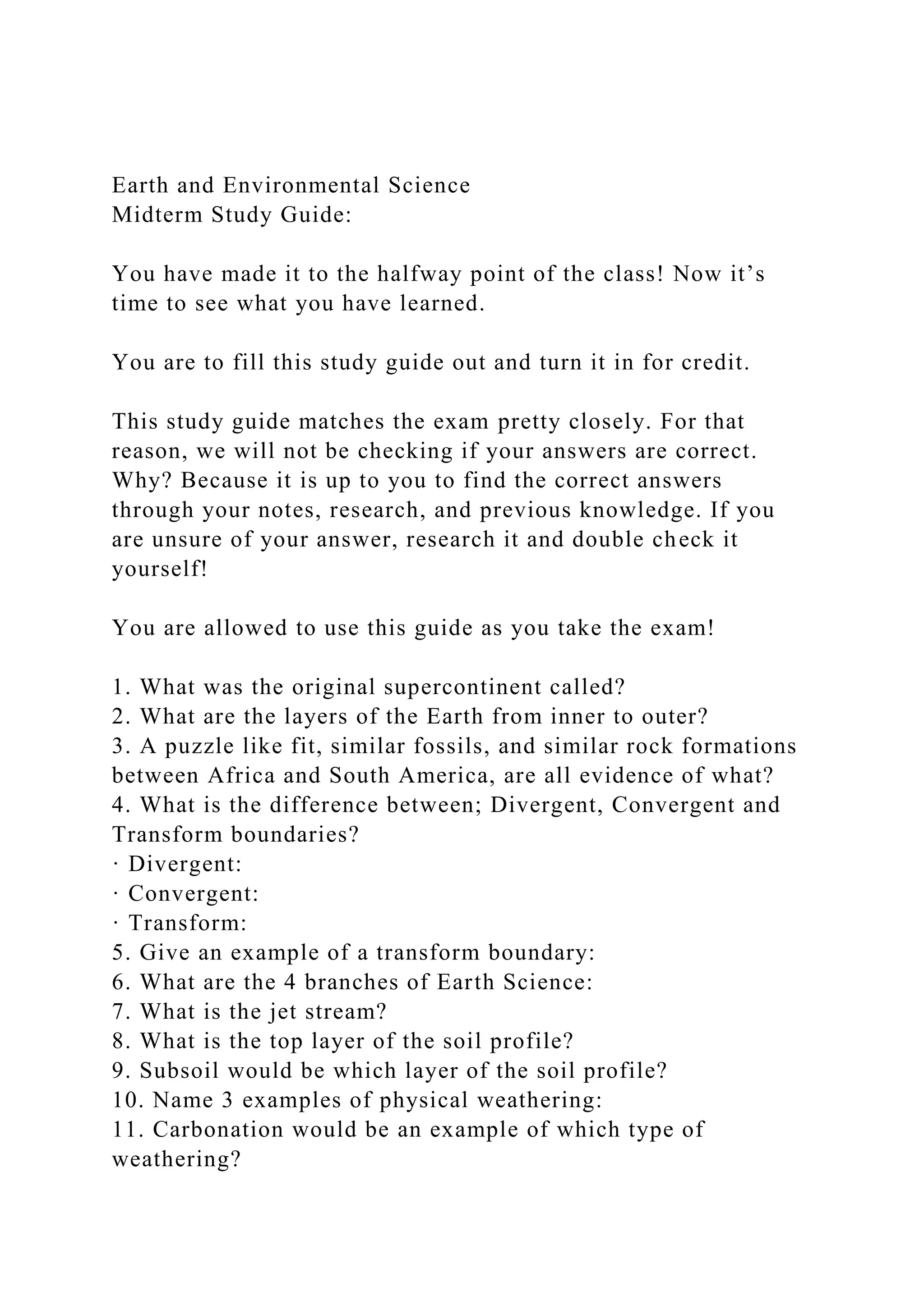 Earth and Environmental ScienceMidterm Study GuideYou have .docx