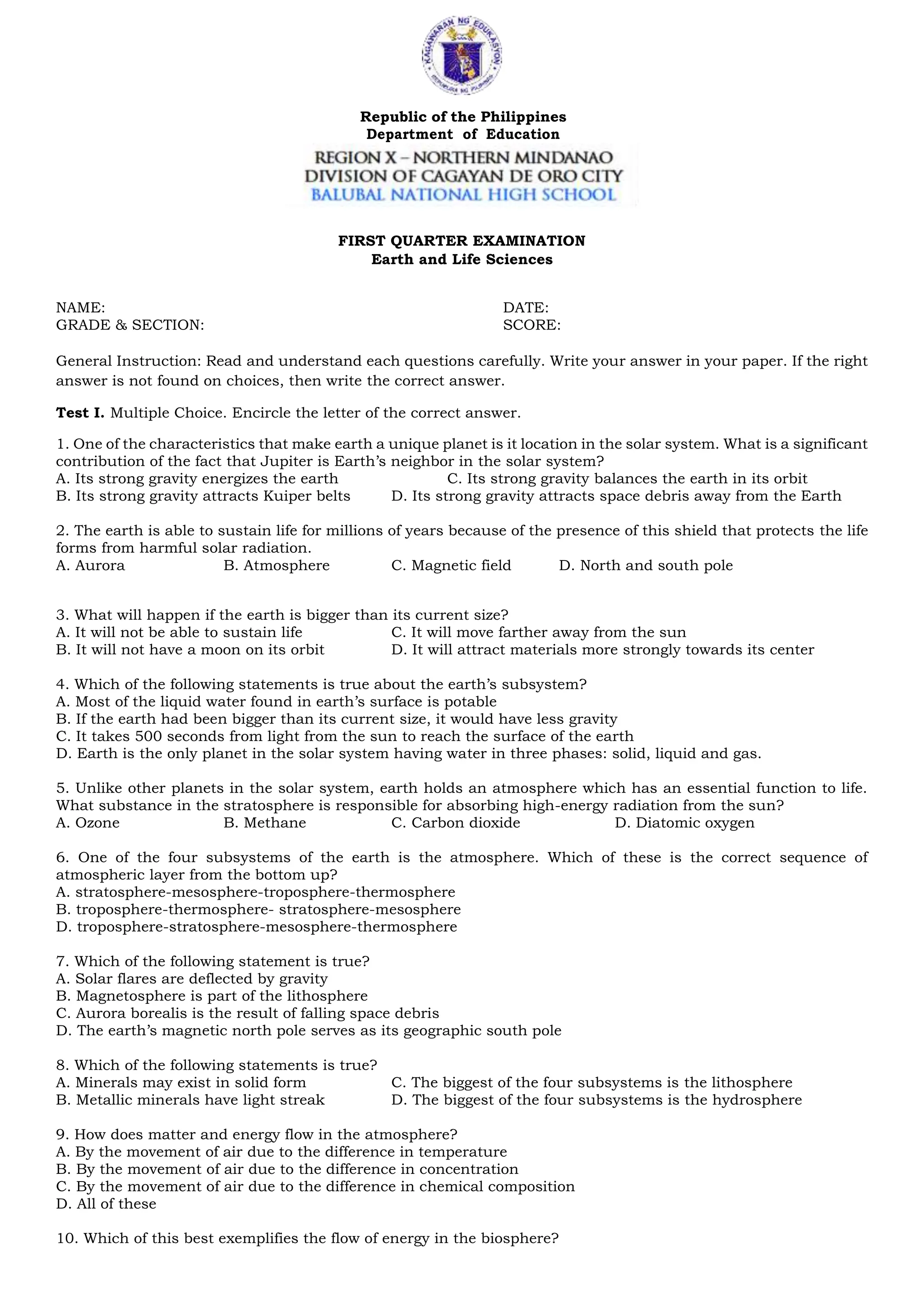 earth and life sciences First Quarter Exam.docx