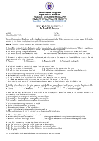 earth and life sciences First Quarter Exam.docx