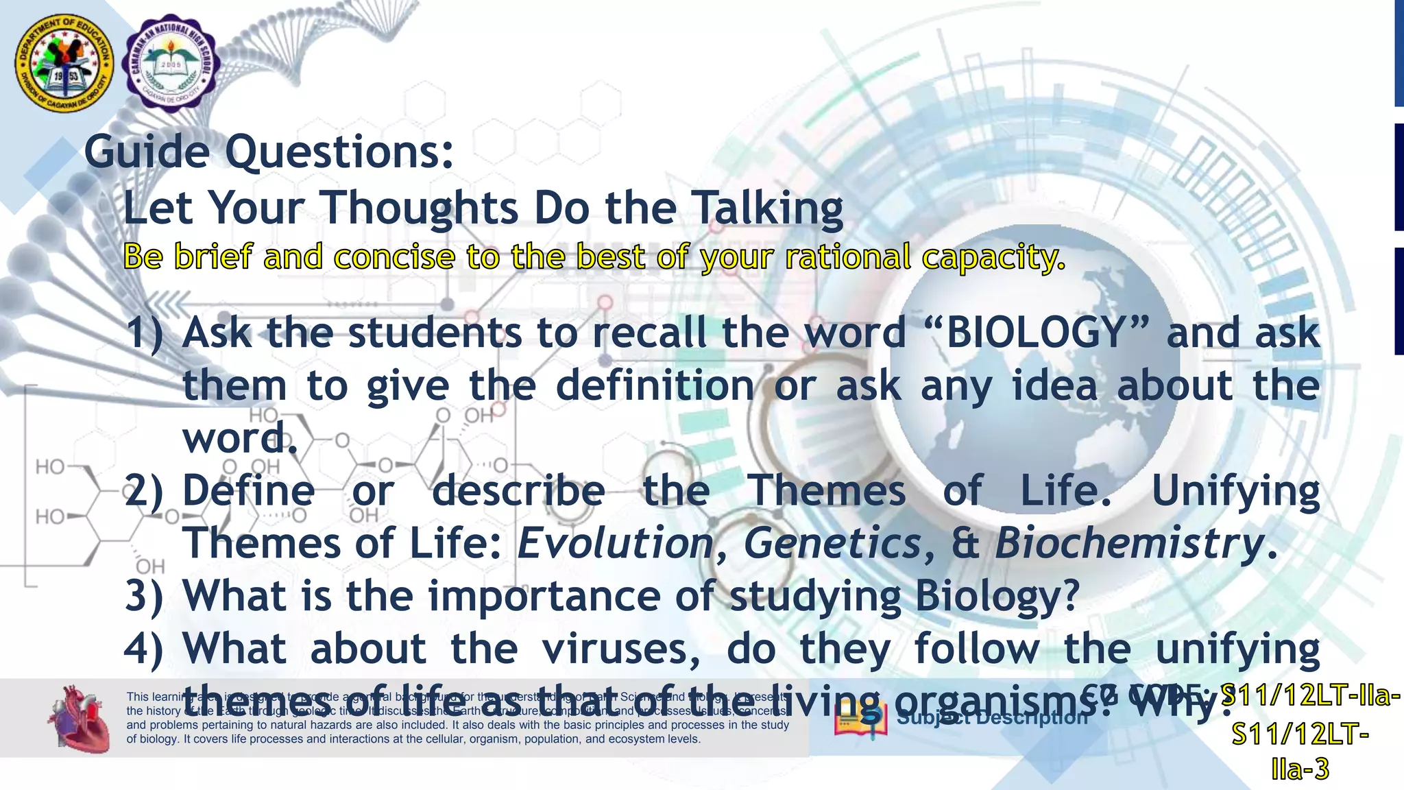 Earth and Life Sciences, MELCs (S11_12LT-IIa-1 and IIa-3) | PPTX