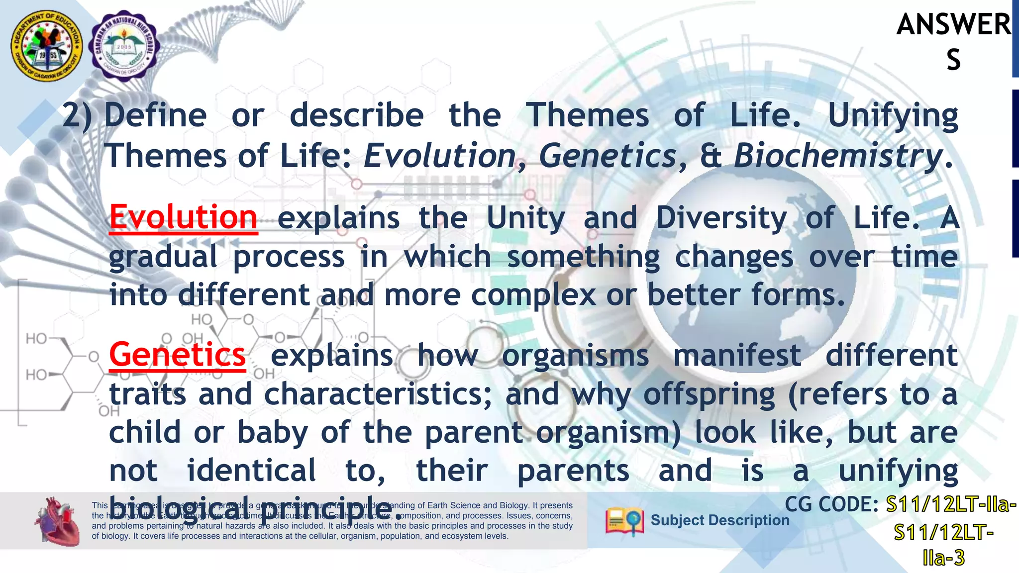 Earth and Life Sciences, MELCs (S11_12LT-IIa-1 and IIa-3) | PPTX
