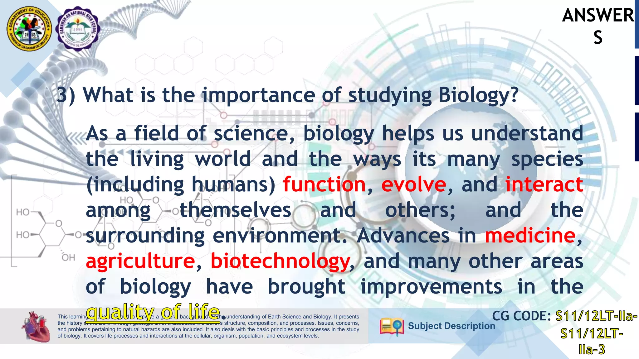 Earth and Life Sciences, MELCs (S11_12LT-IIa-1 and IIa-3) | PPTX
