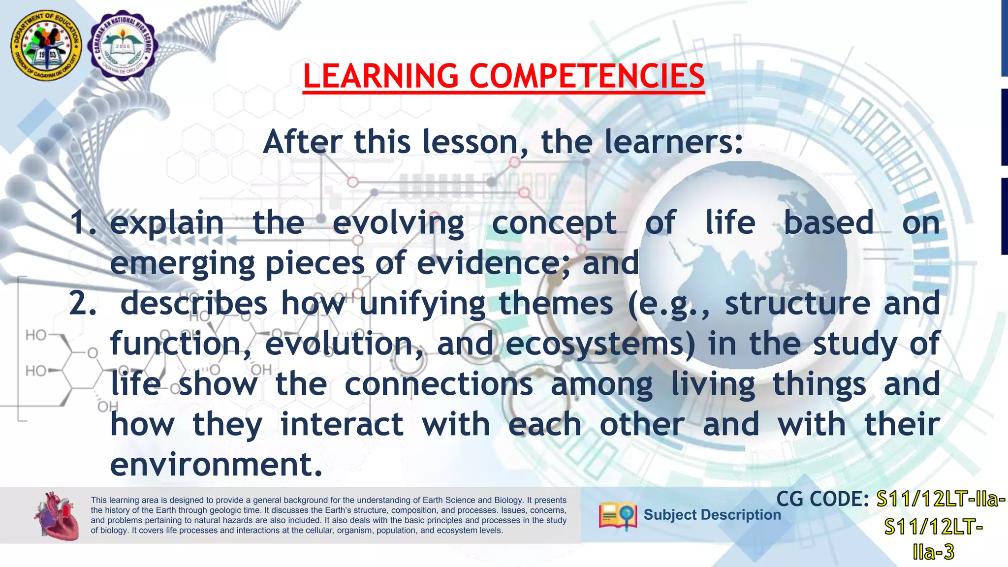 Earth and Life Sciences, MELCs (S11_12LT-IIa-1 and IIa-3) | PPTX