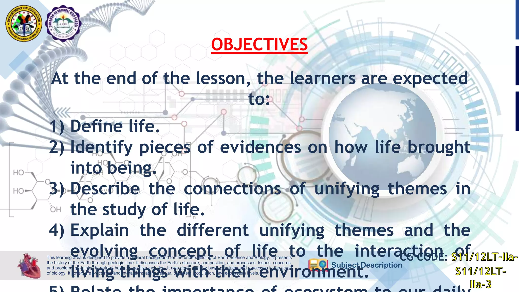 Earth and Life Sciences, MELCs (S11_12LT-IIa-1 and IIa-3) | PPTX