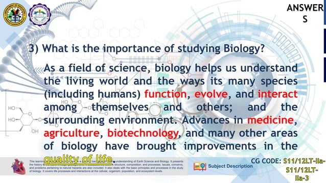 Earth and Life Sciences, MELCs (S11_12LT-IIa-1 and IIa-3) | PPTX