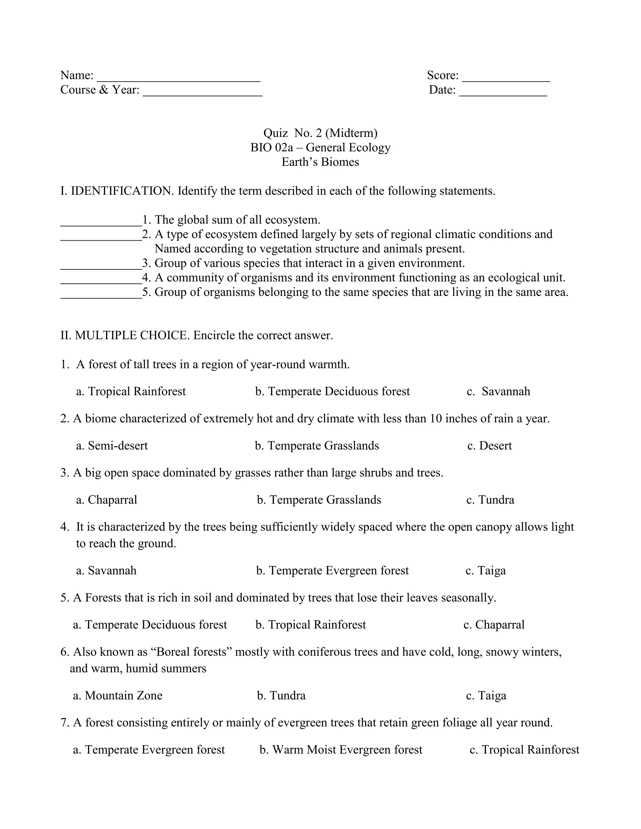 Earth biomes quiz | DOCX