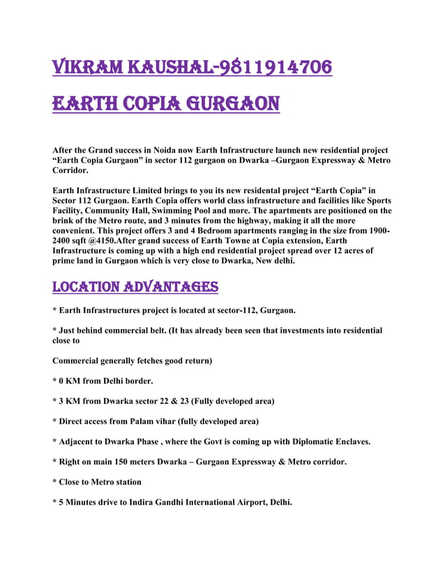Earth copia sec 112 gurgaon resale 9811914706 | PDF