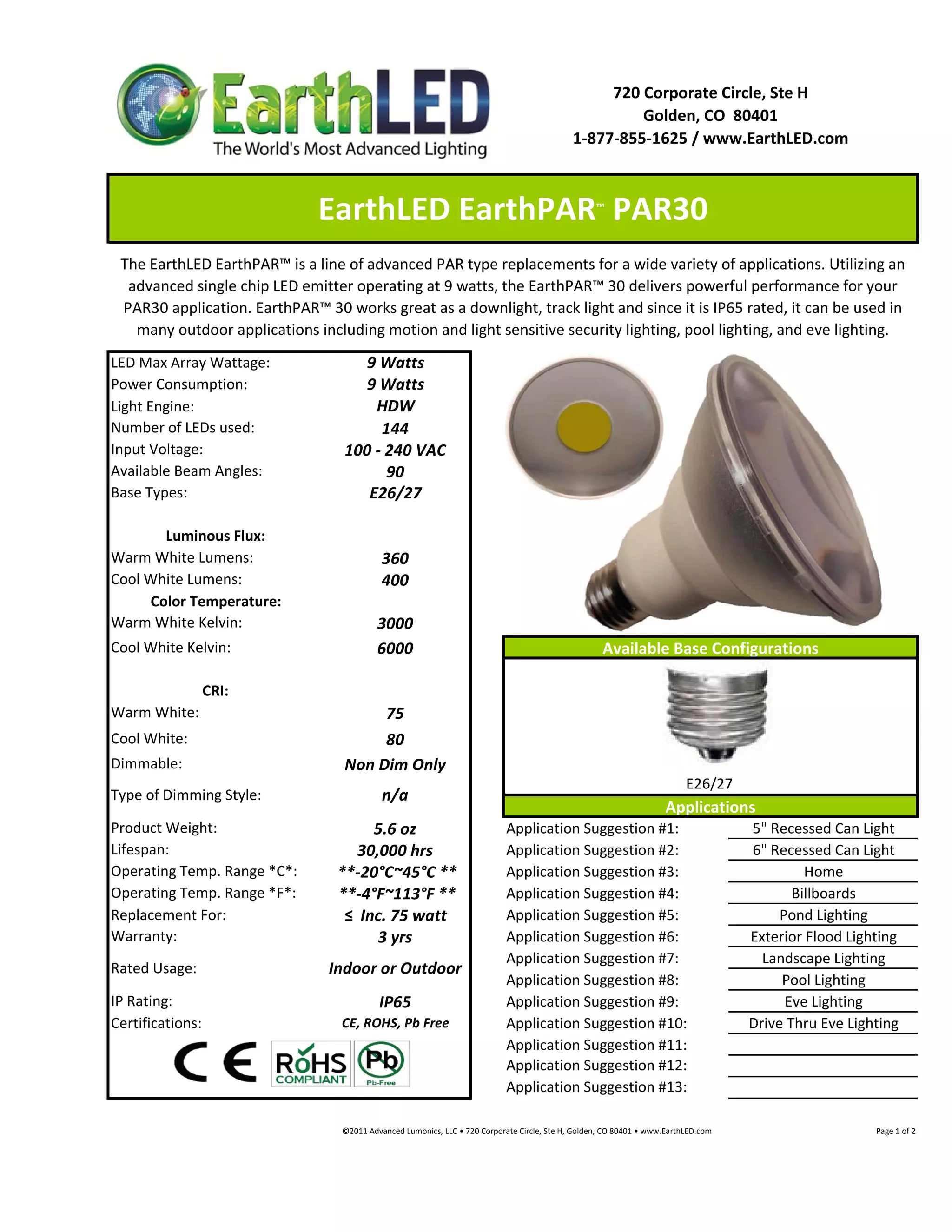 EarthLED EarthPAR™ 30 Lamp | PDF
