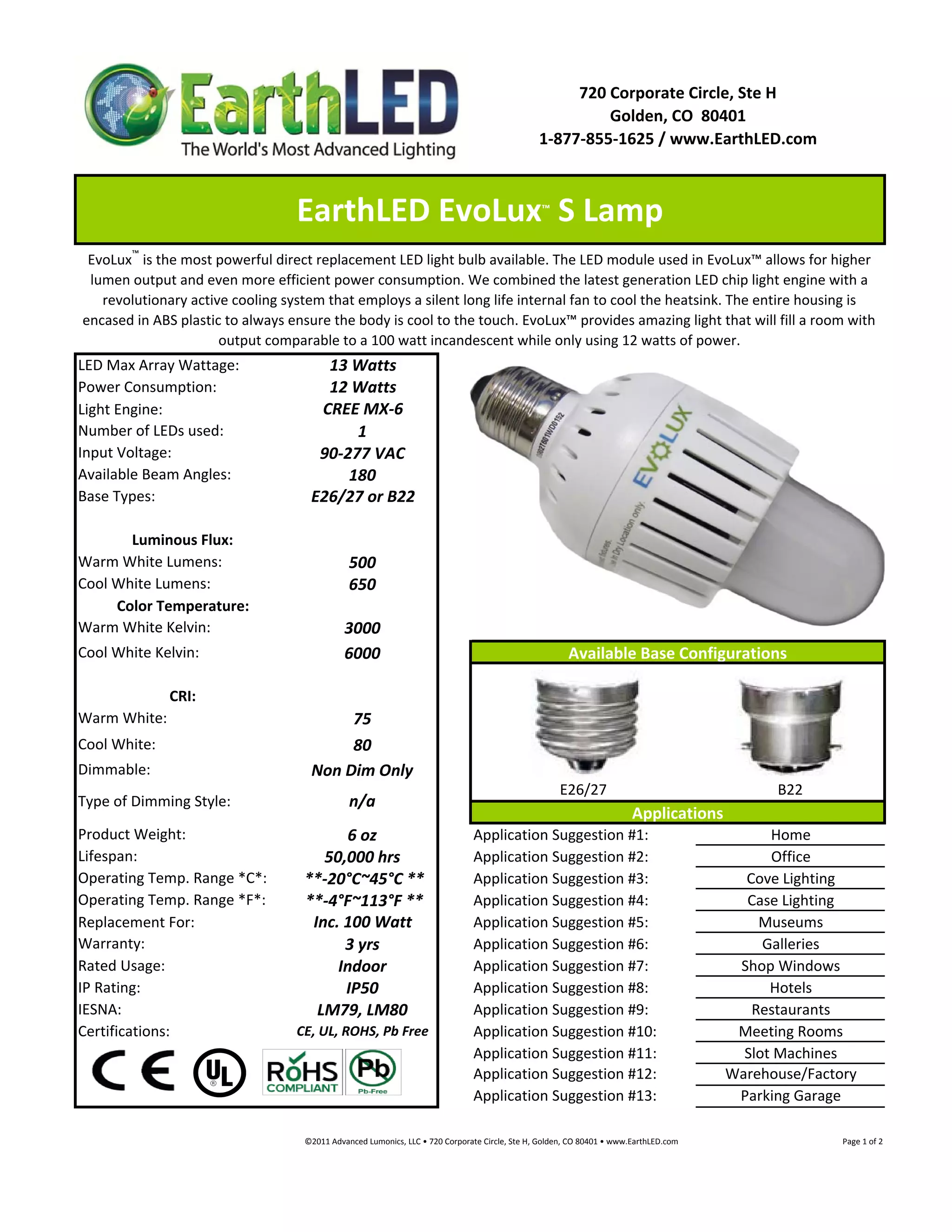 EarthLED EvoLux™ S Lamp | PDF | Home Appliances | Home & Garden