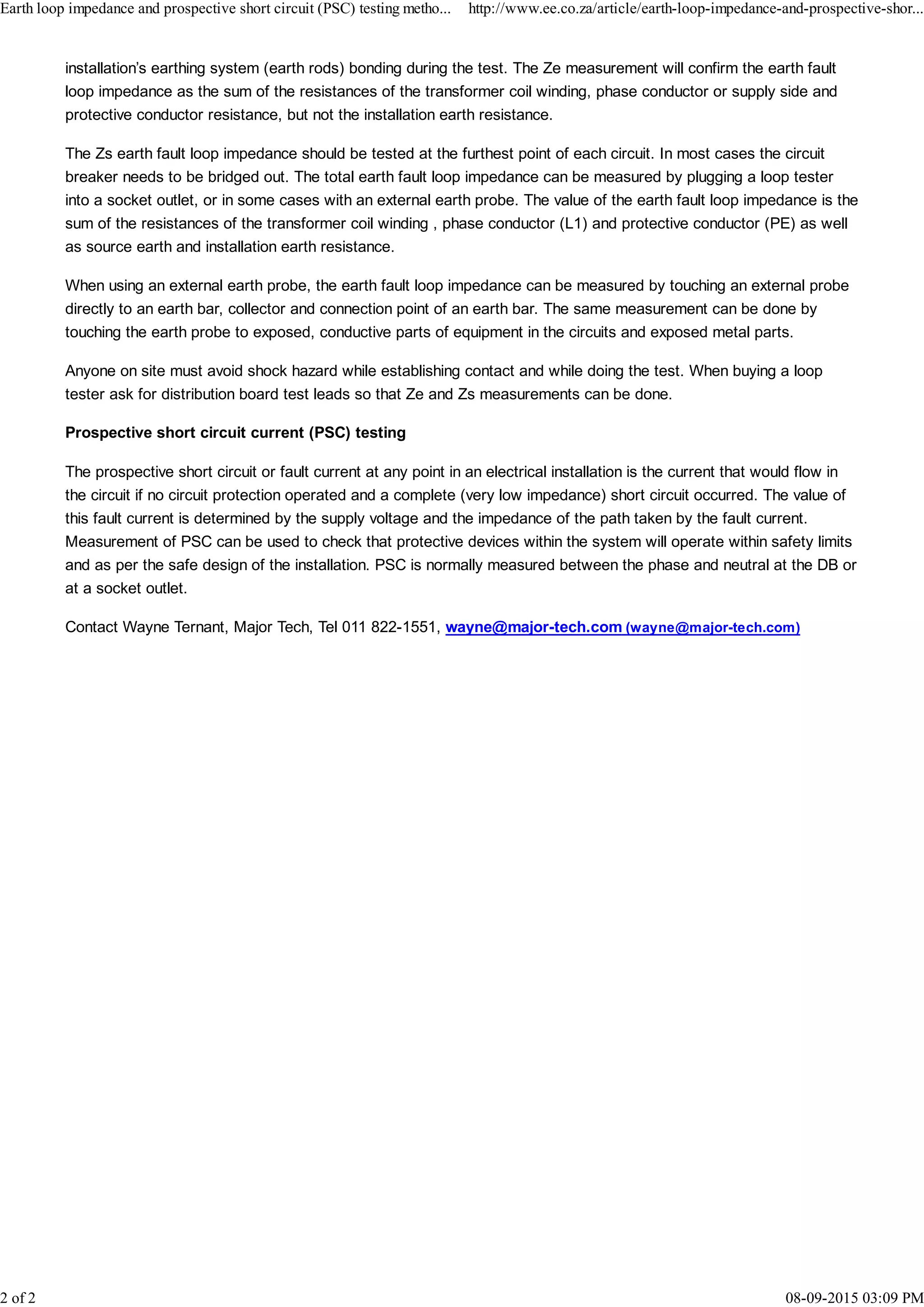 Earth loop impedance and prospective short circuit (psc) testing ...