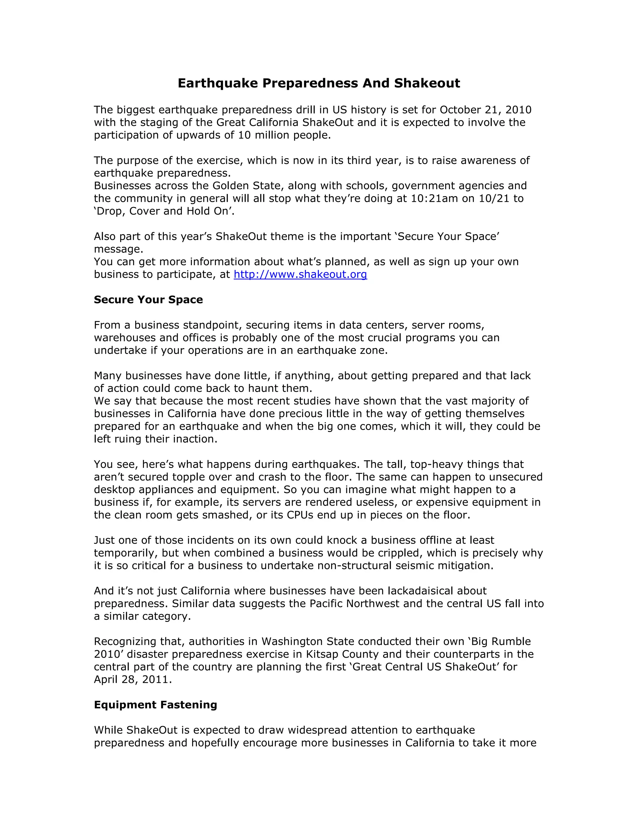 Earthquake Preparedness And Shakeout | PDF