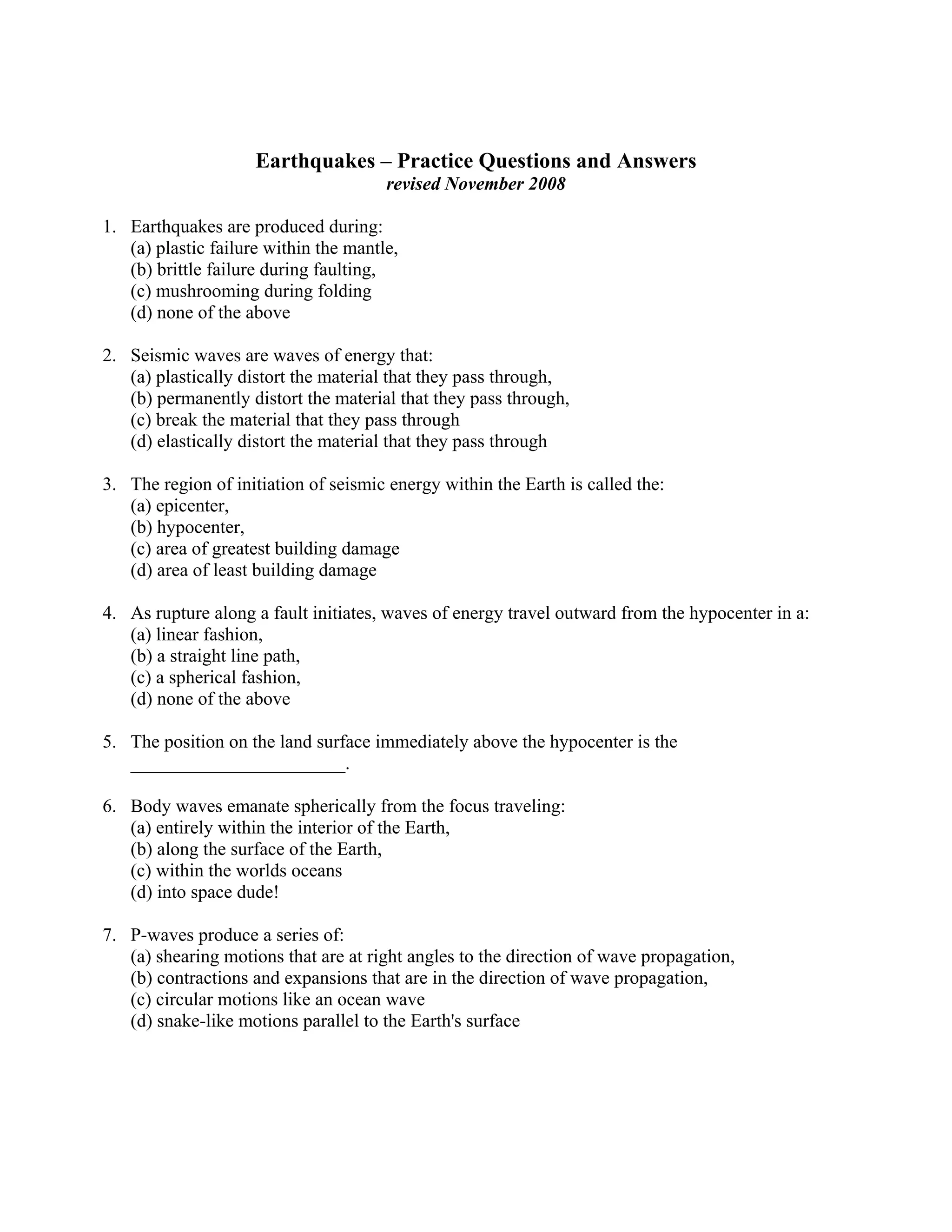 Test Earthquakes.pdf questions on earthquake | PDF