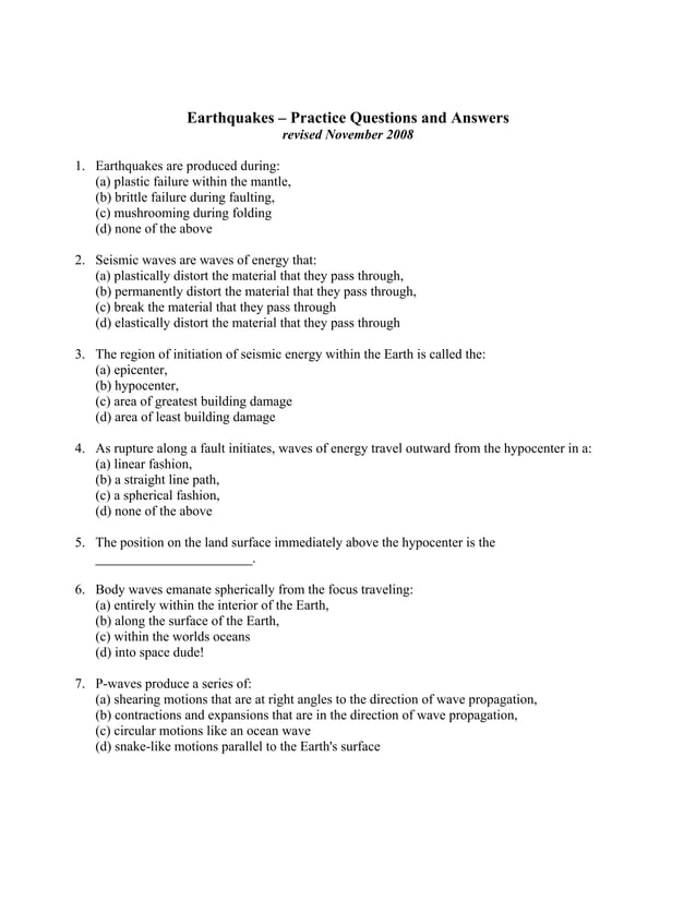 Test Earthquakes.pdf questions on earthquake | PDF