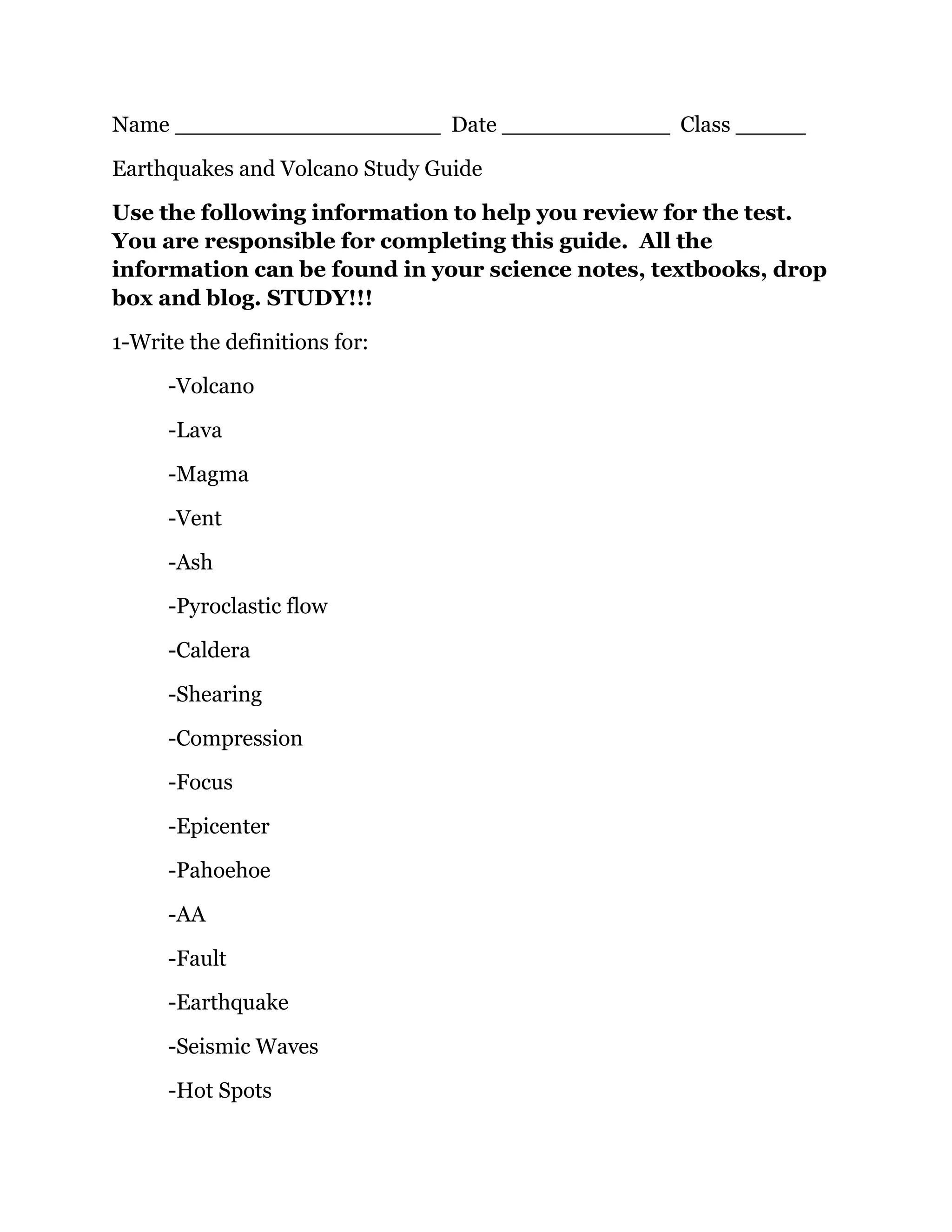 Earthquakes and volcanoes new study guide | DOCX