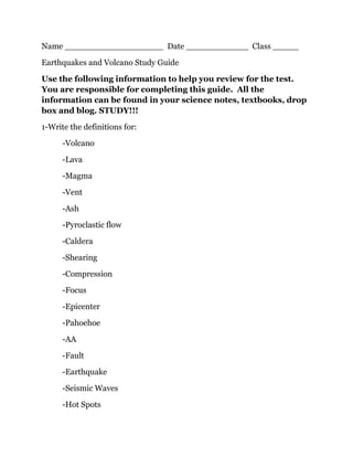 Earthquakes and volcanoes new study guide | DOCX