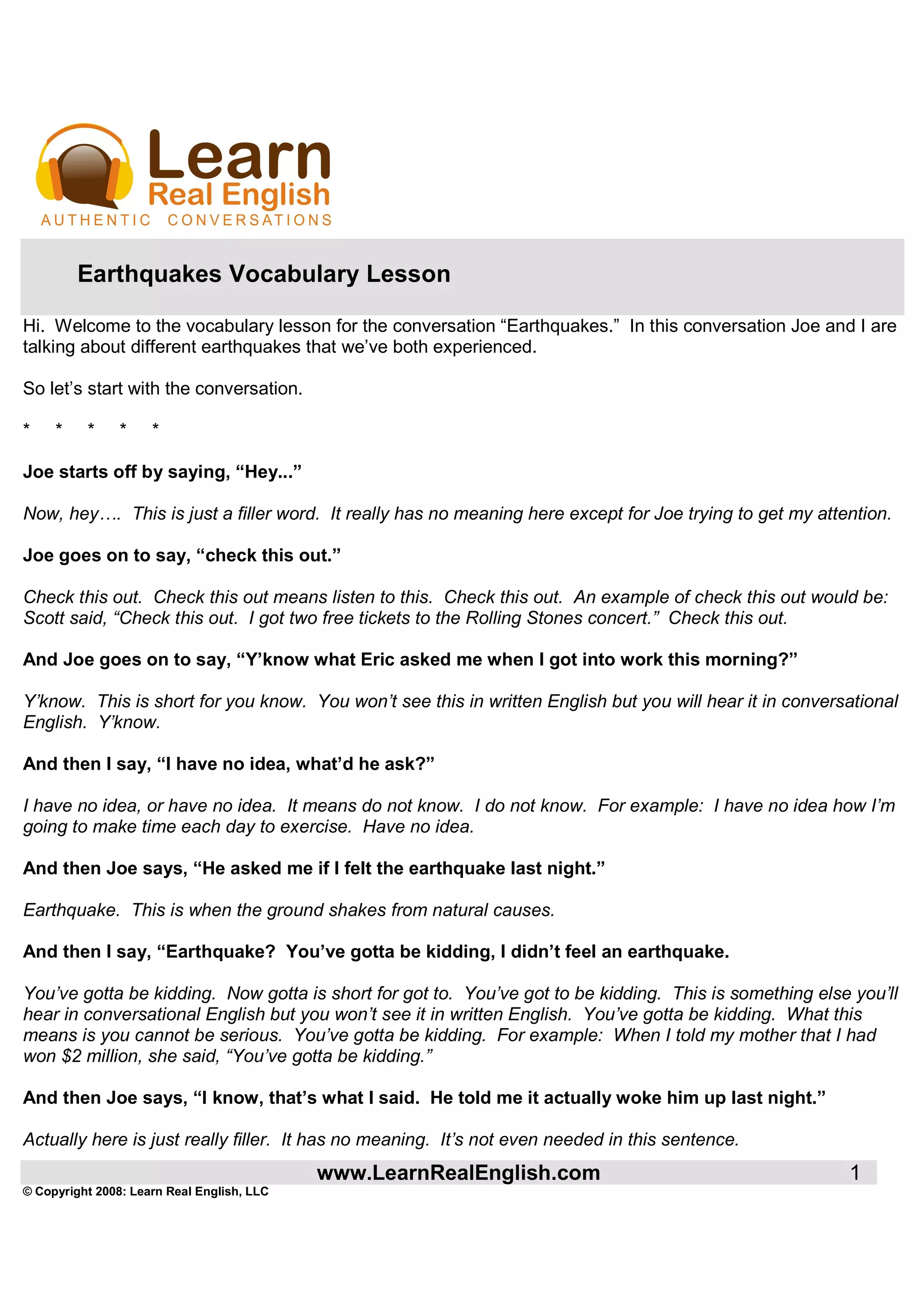 Earthquakes vocabulary | PDF