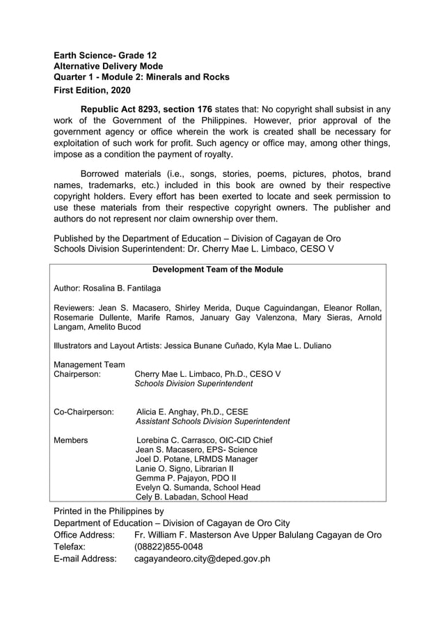 EarthScience12_Q1_Mod2_Minerals_and_Rocks_ver3 (1).pdf | Geology | Science