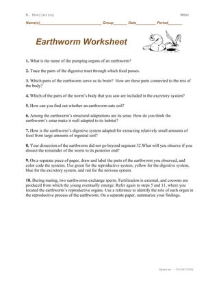 Earthworm Dissection Worksheet | DOC