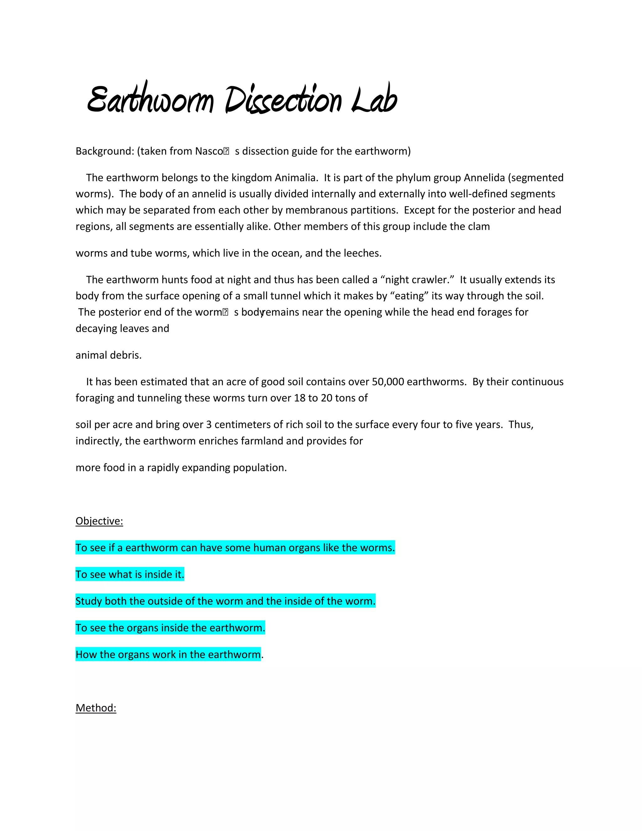 Earthworm dissection lab | DOCX