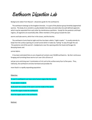 Earthworm dissection lab | DOCX