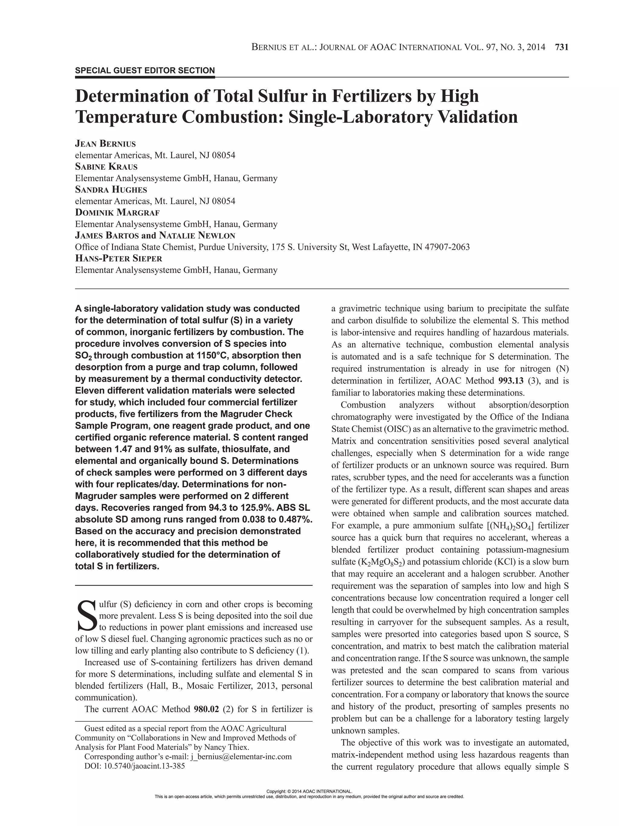 Determination of Total Sulfur in Fertilizers by High Temperature ...
