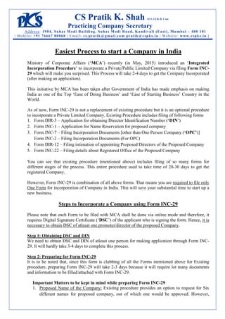 Easiest process to start a company in india - Form INC-29 | PDF