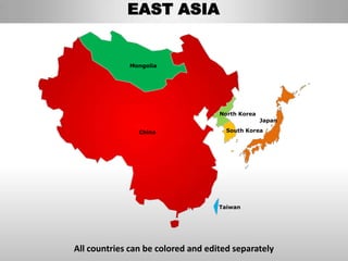 East asia editable continent map with countries | PPTX