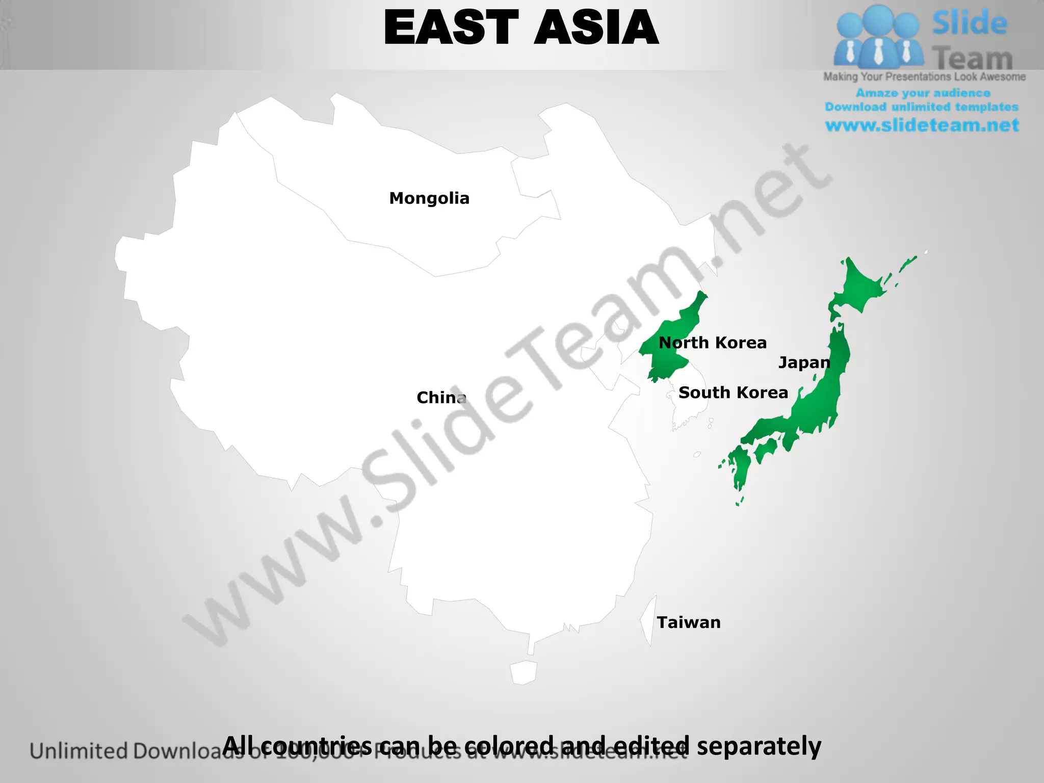 East asia powerpoint editable continent map with countries templates ...