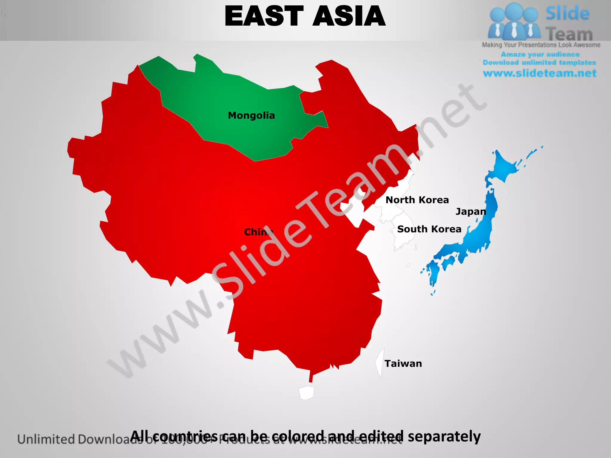East asia powerpoint editable continent map with countries templates ...