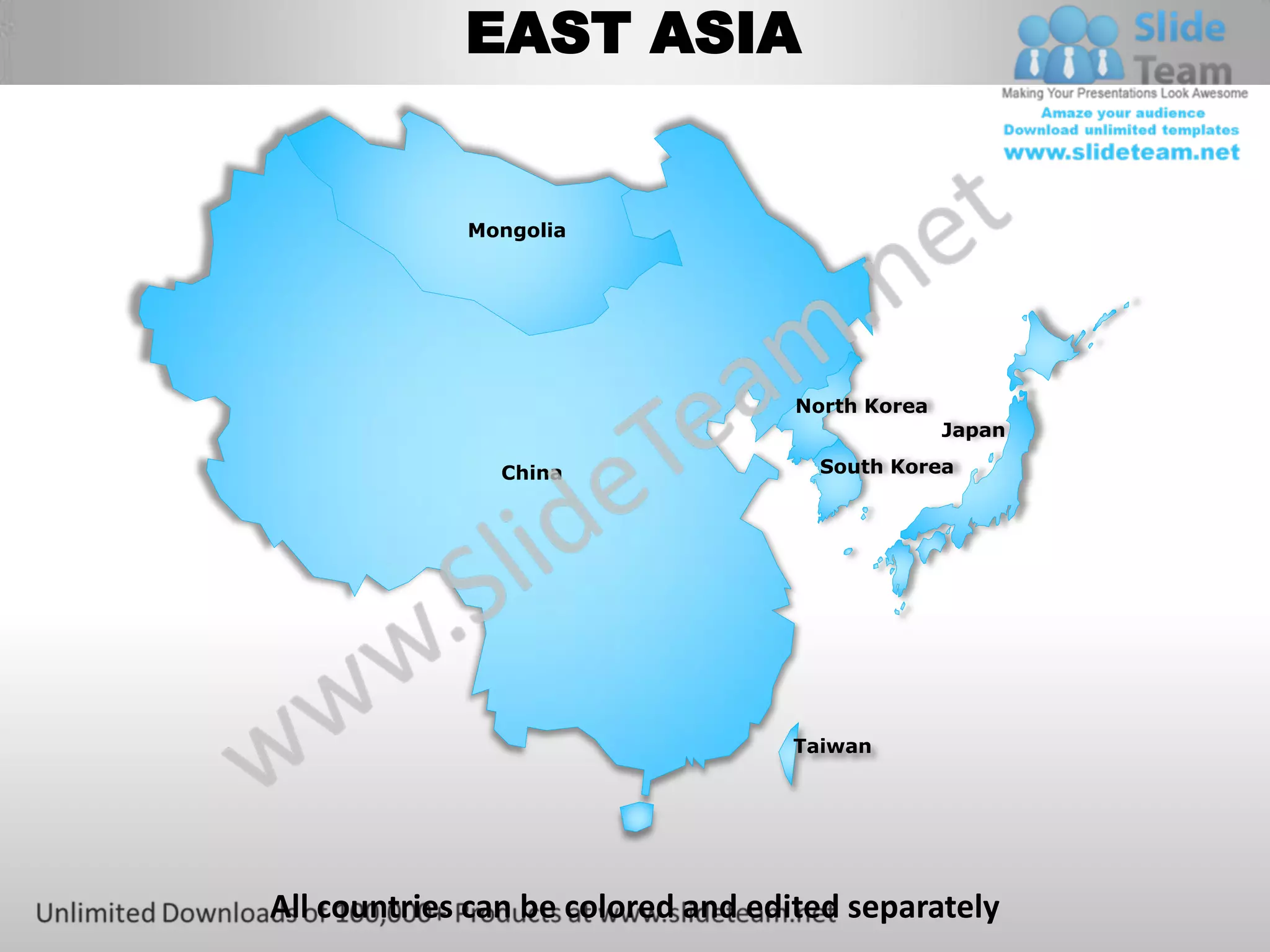 East asia powerpoint editable continent map with countries templates ...