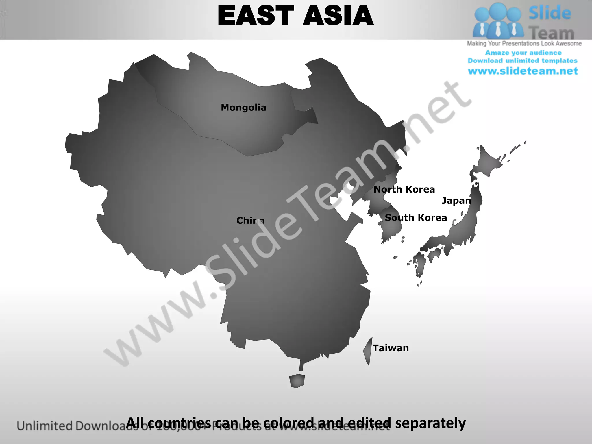 East asia powerpoint editable continent map with countries templates ...