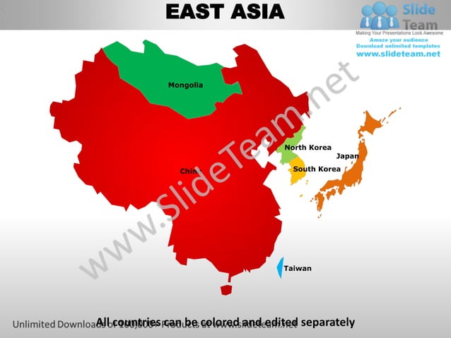 East asia powerpoint editable continent map with countries templates ...