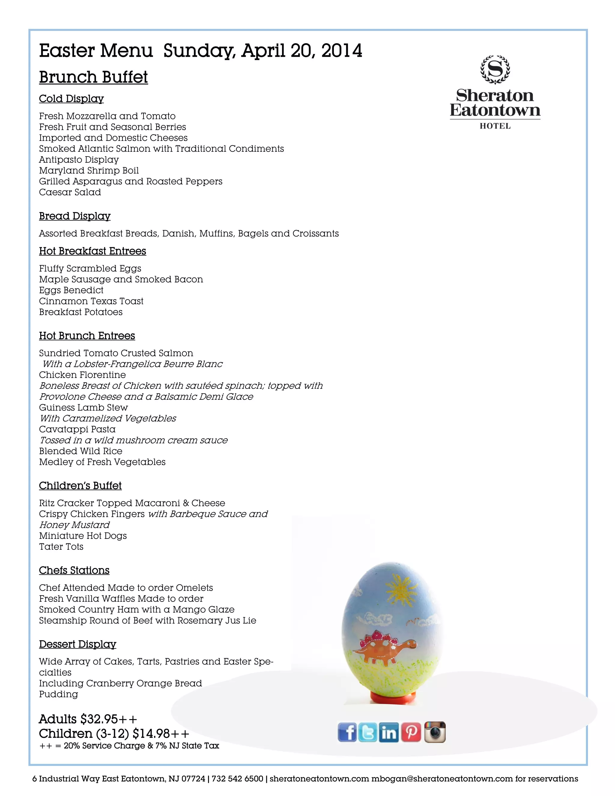 Sheraton Eatontown Hotel Easter Brunch Menu 2014 | PDF