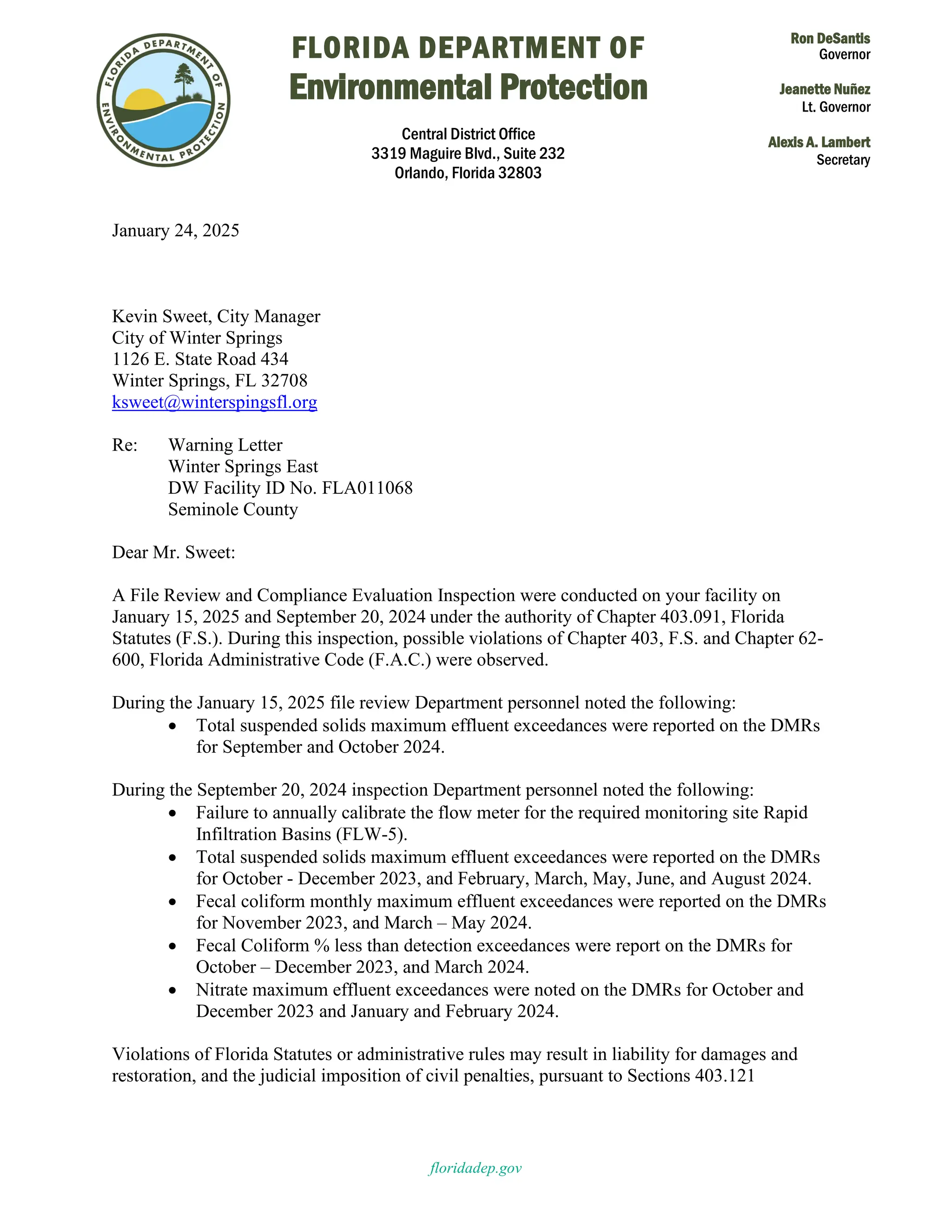 Florida DEP Warning Letter to Winter Springs East WRF: Compliance ...