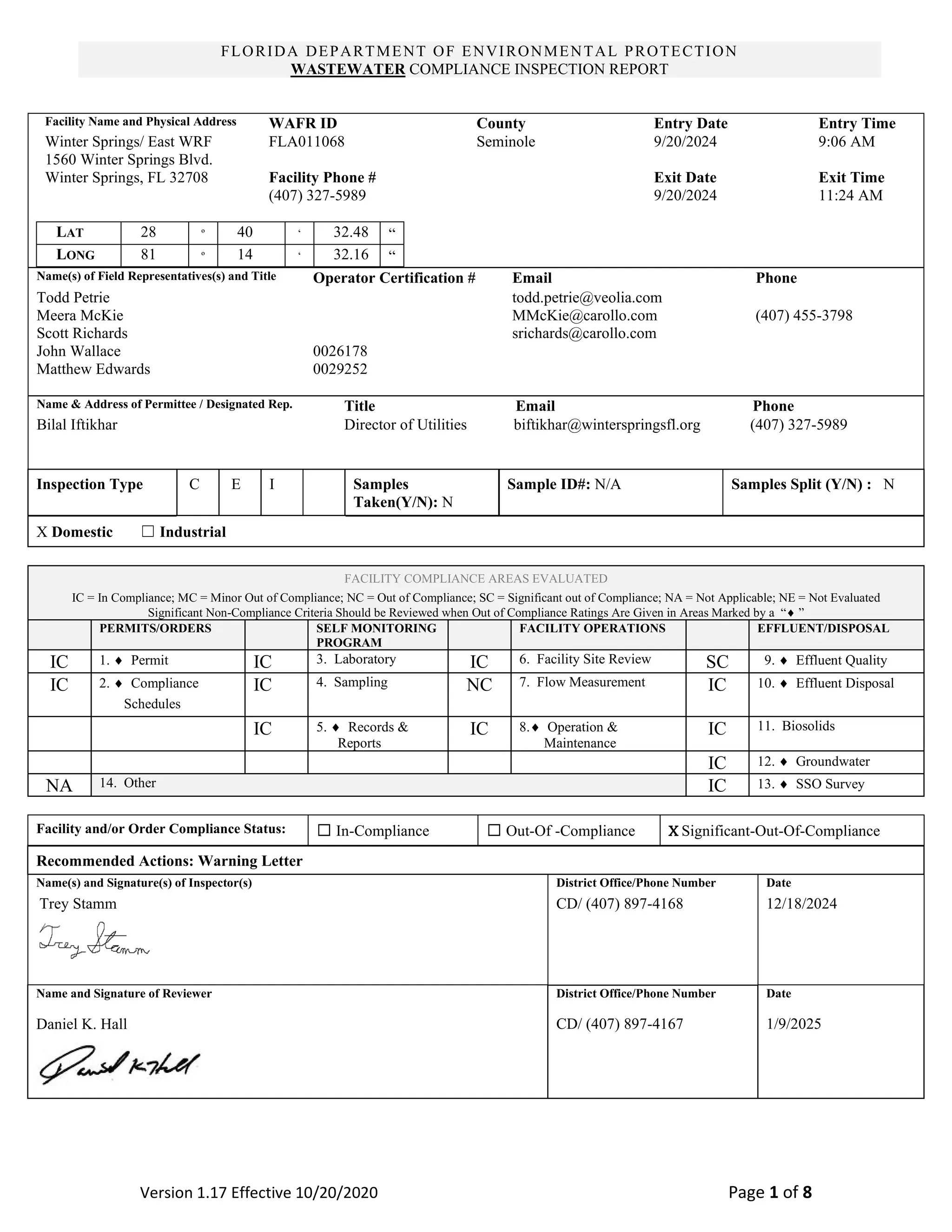 Florida DEP Warning Letter to Winter Springs East WRF: Compliance ...