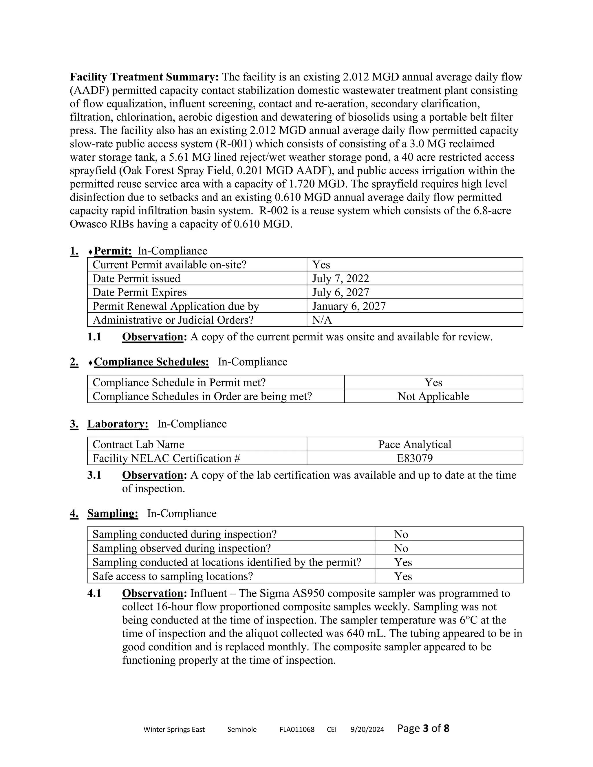 Florida DEP Warning Letter to Winter Springs East WRF: Compliance ...