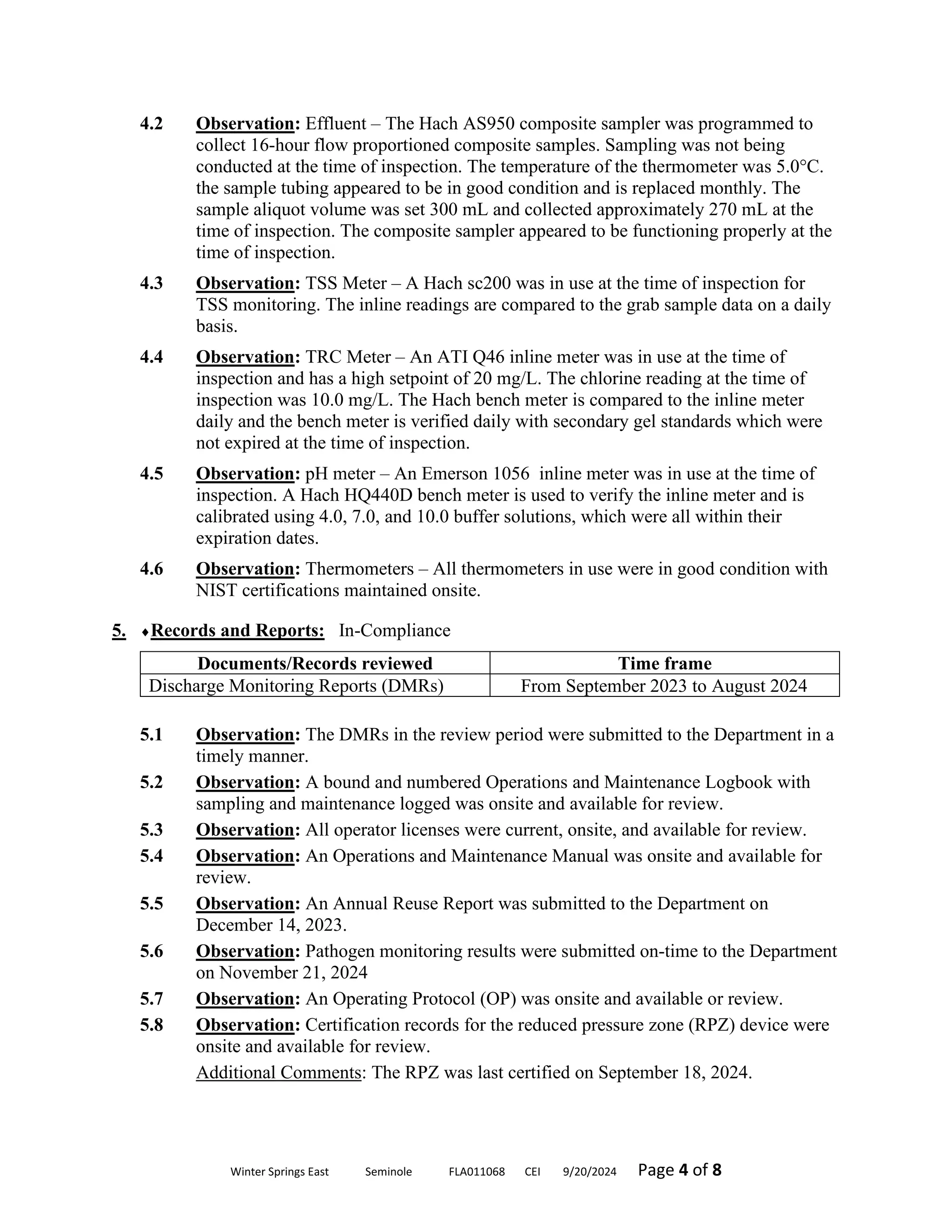 Florida DEP Warning Letter to Winter Springs East WRF: Compliance ...